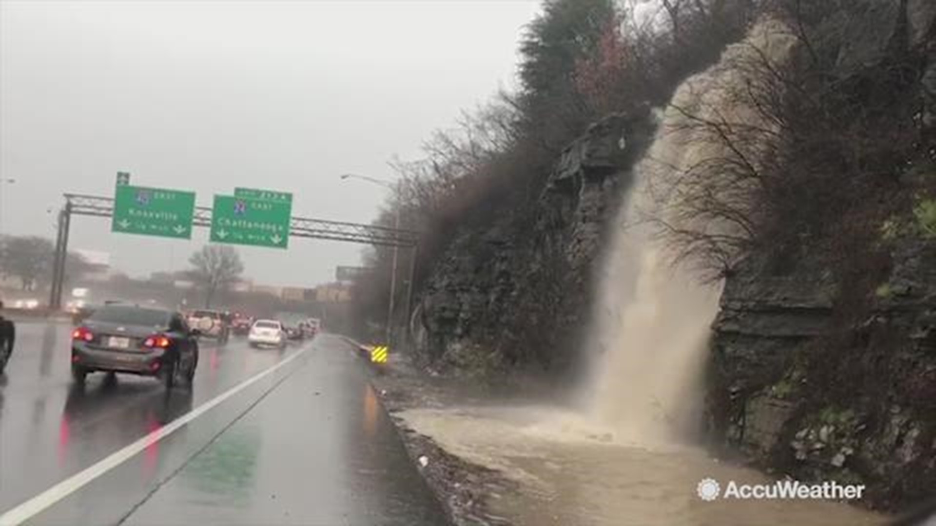 Heavy rain creates a rapid waterfall on Interstate 40 | king5.com