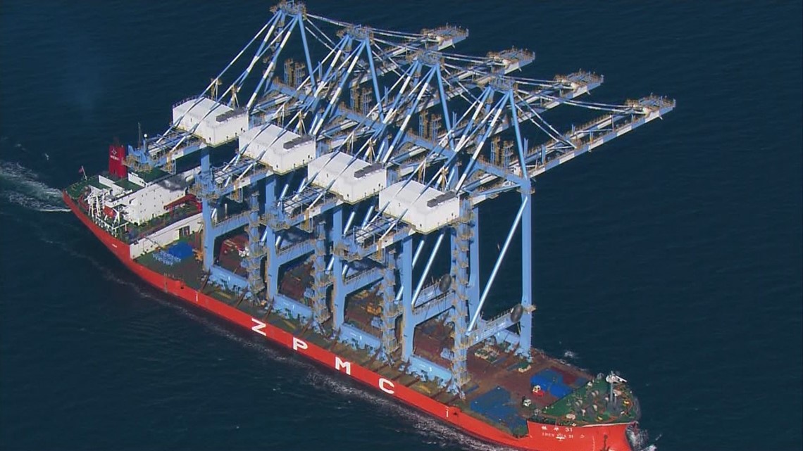 Massive ship carries 4 container cranes to Port of Tacoma | king5.com