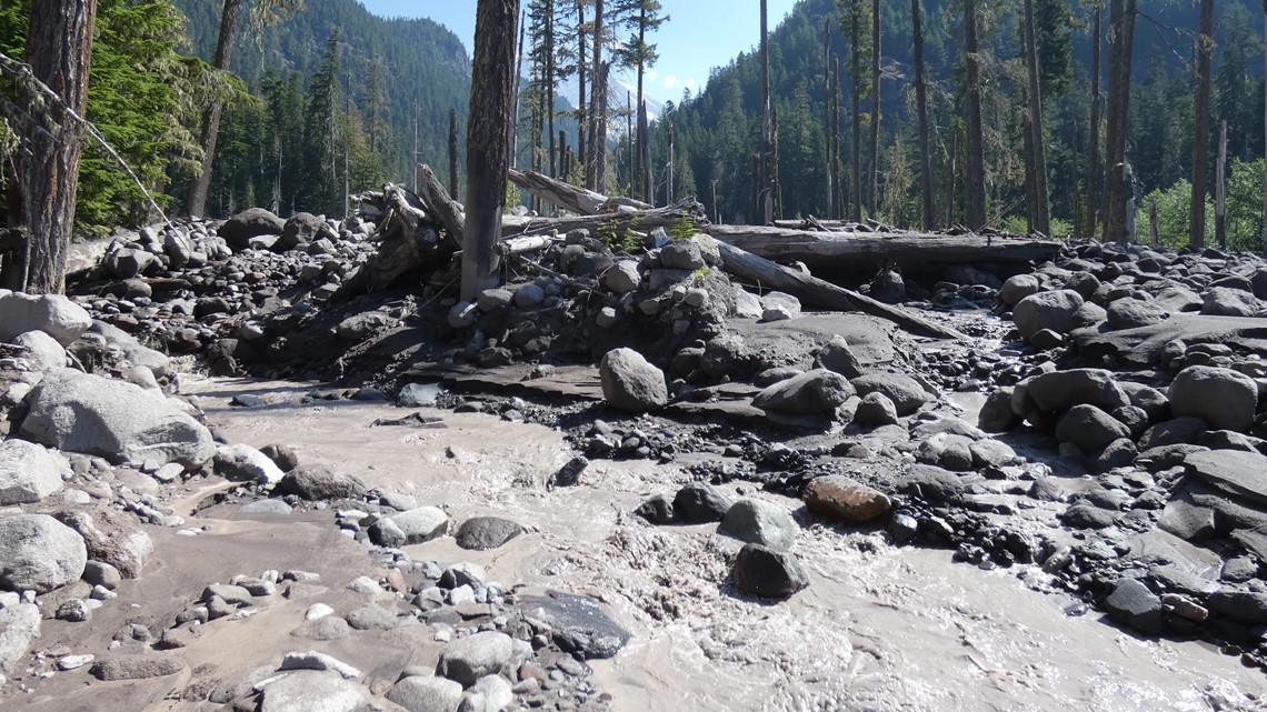 Debris flow carrying mud, rocks closes Mount Rainier park road | king5.com