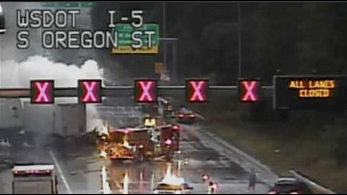 Tractor-trailer fire on I-5 in Seattle stops northbound traffic | king5.com