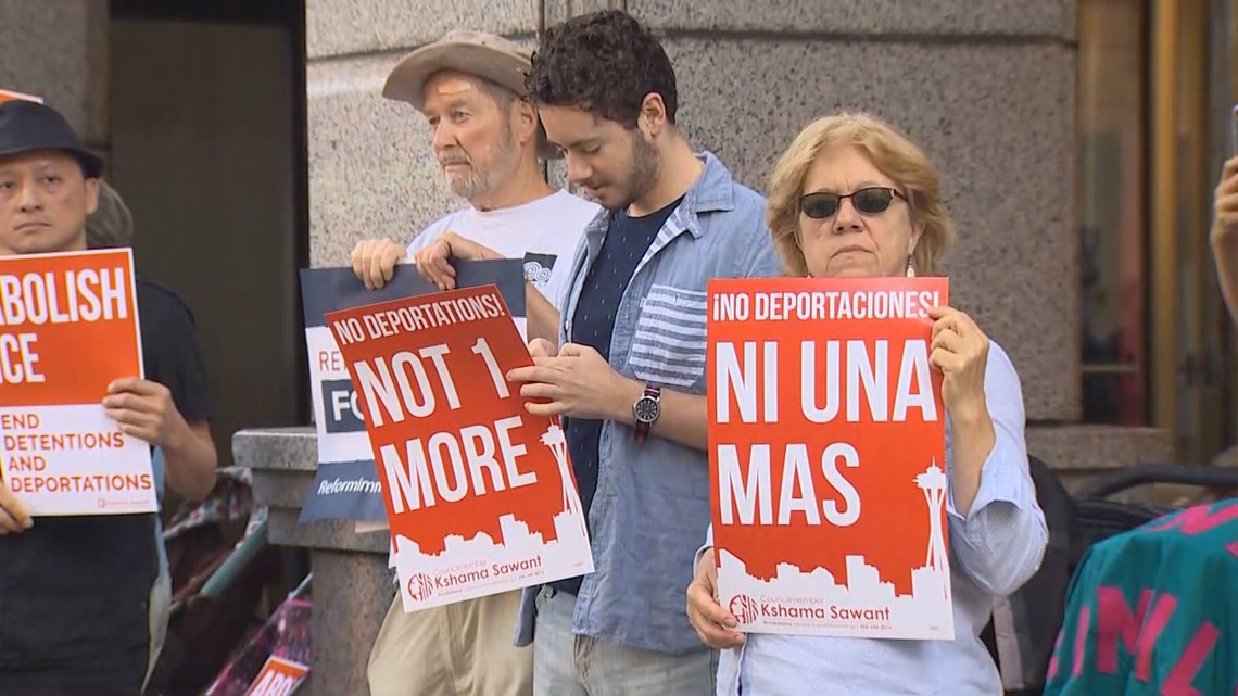 Protesters gather outside ICE office in downtown Seattle | king5.com