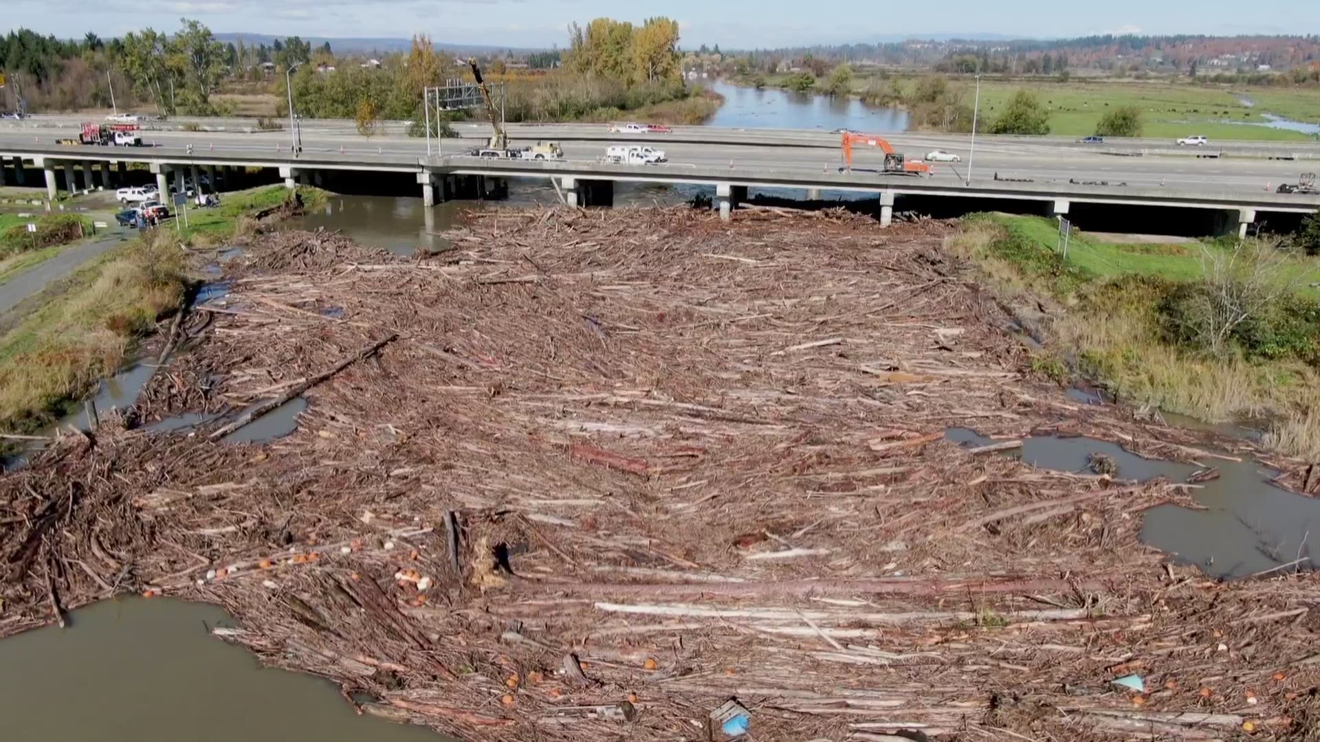 KING 5 drone flies over the Snohomish River log jam Wednesday | king5.com