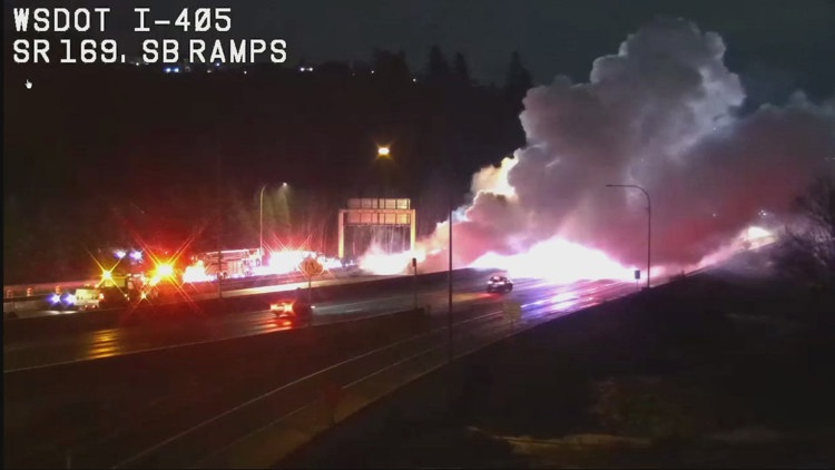Semi-truck fire shuts down I-405 north near Renton | king5.com