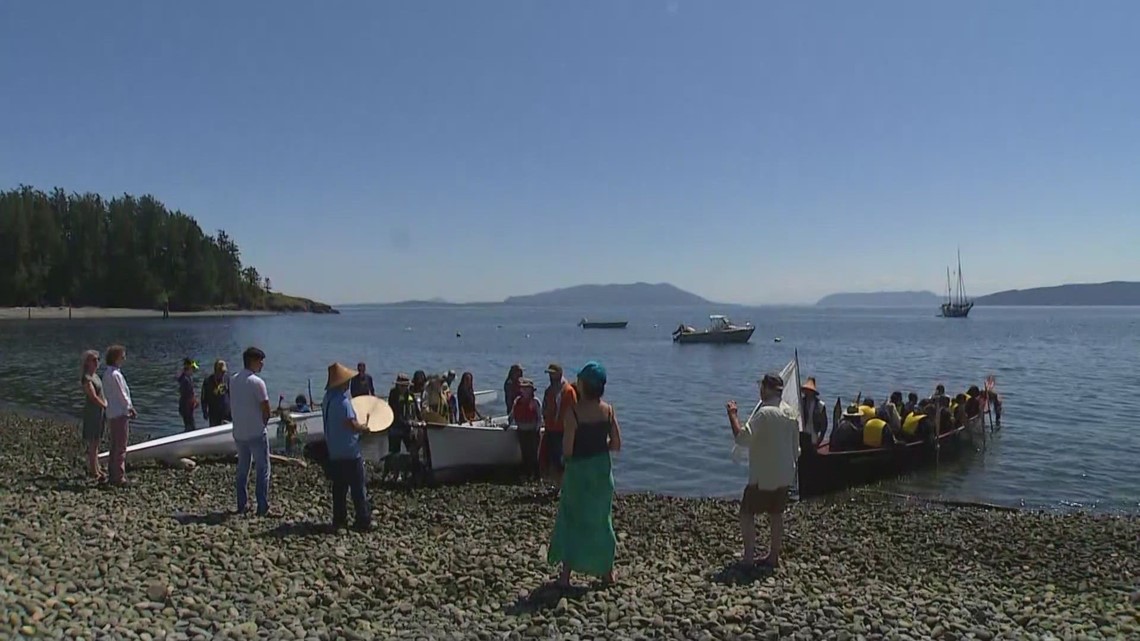 Lummi Nation Canoe Journey stops at Lummi Island at Legoe Bay for the ...