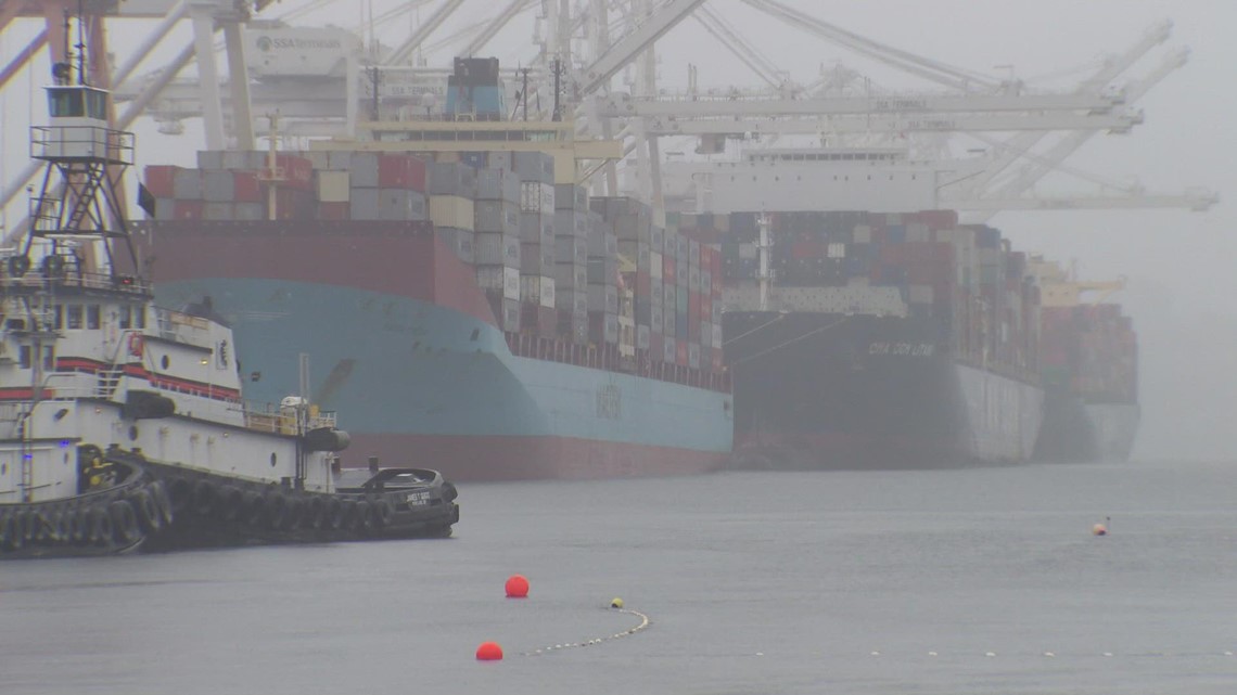 High winds and rough seas complicate backlog of container ships on West ...