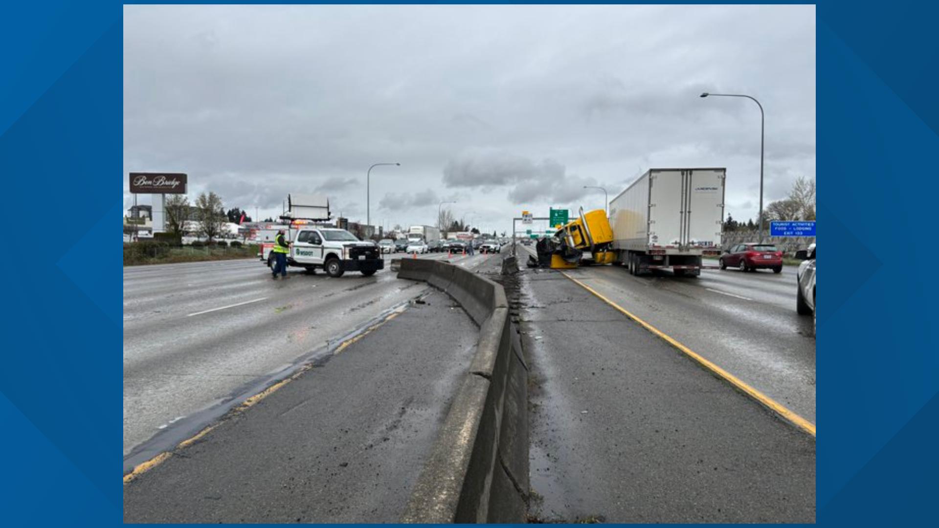 I-5 reopens in Tacoma after semi-truck crashes into barrier | king5.com