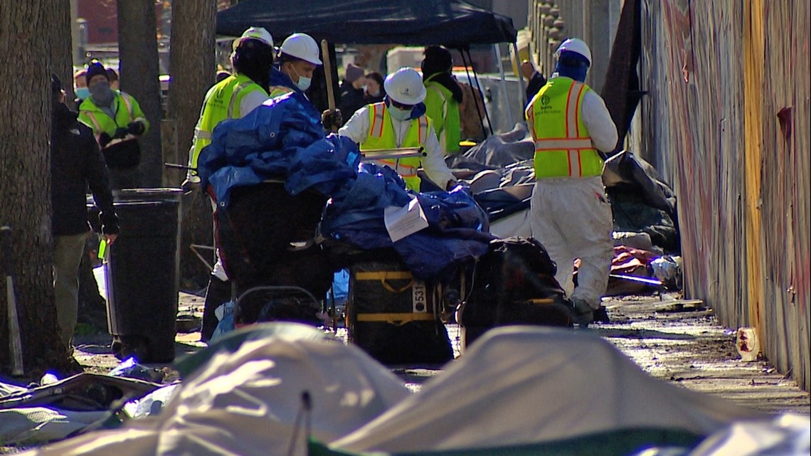 Homeless encampment cleared across from Seattle City Hall | king5.com