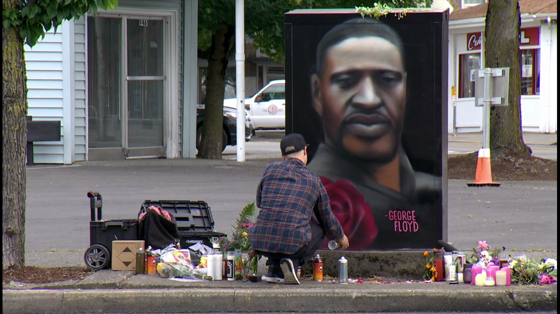Artist paints tribute to George Floyd in White Center | king5.com